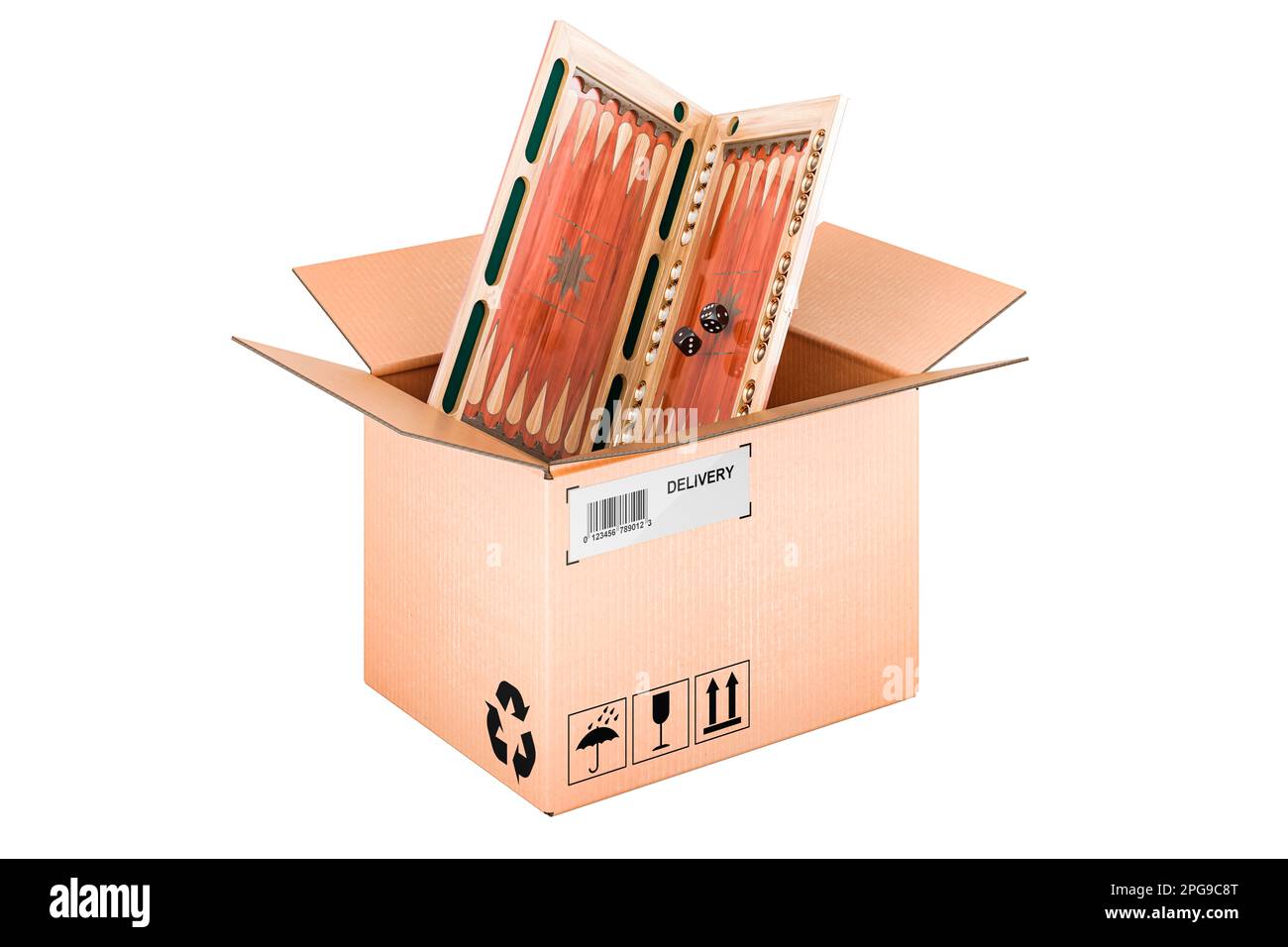 Backgammon, board game inside cardboard box, delivery concept. 3D ...