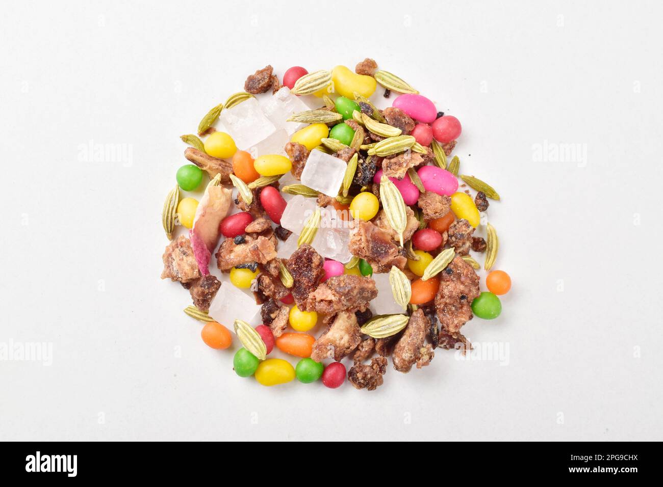 Top view of sugar coated saunf on white background, mouth freshener ...
