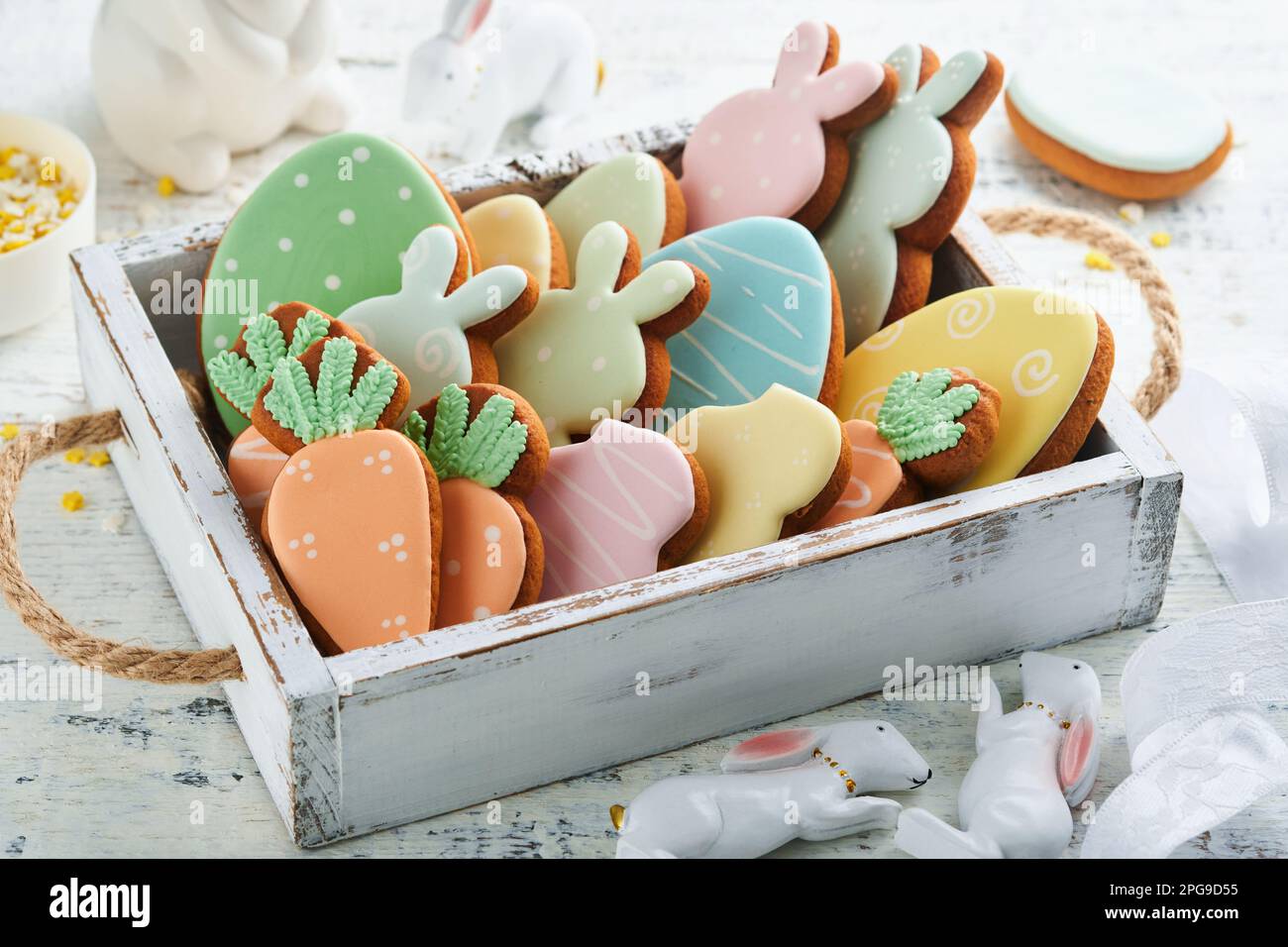 Easter homemade gingerbread rabbits, carrots, chickens and eggs icing ...