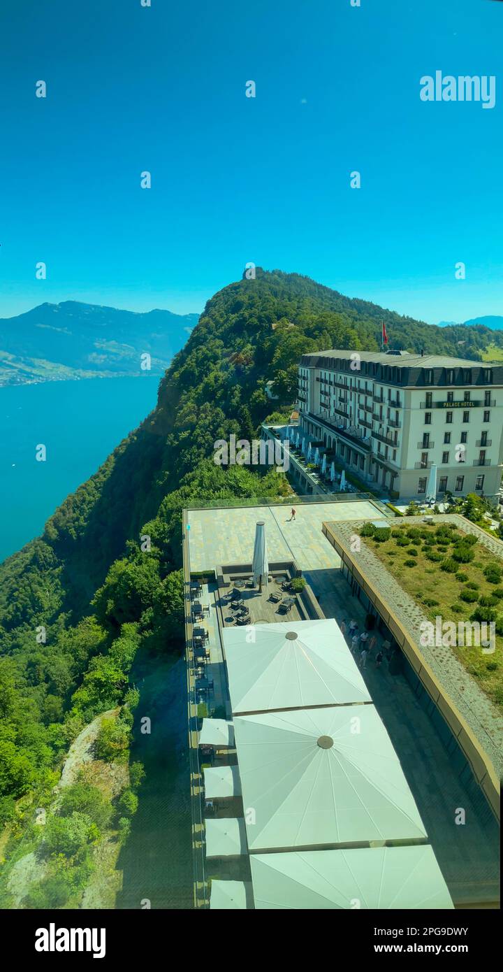 Panoramic View over Hotel Palace and Lake Lucerne and Mountain in a ...