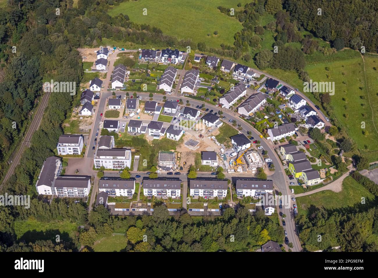 Aerial view, new building area Brunnen am Dr.-Emil-Böhmer-Weg in the district Lindenberg in ...