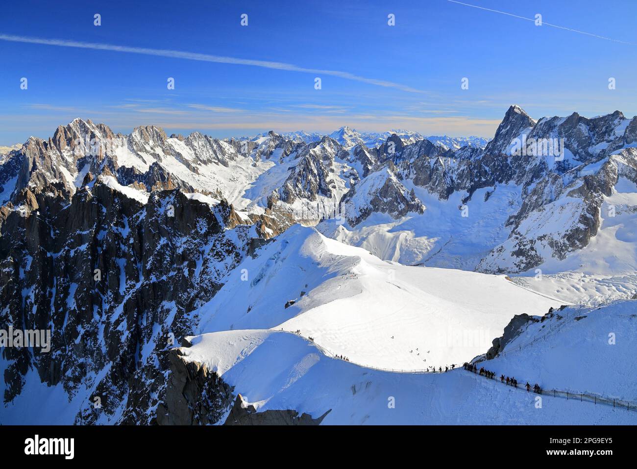 View of the Mont Blanc massif seen from the Aiguille du Midi. French ...