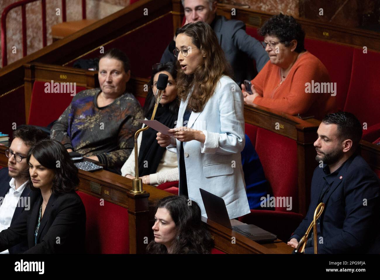 Paris, France. 21st Mar, 2023. LFI deputy Clemence Guette during a ...