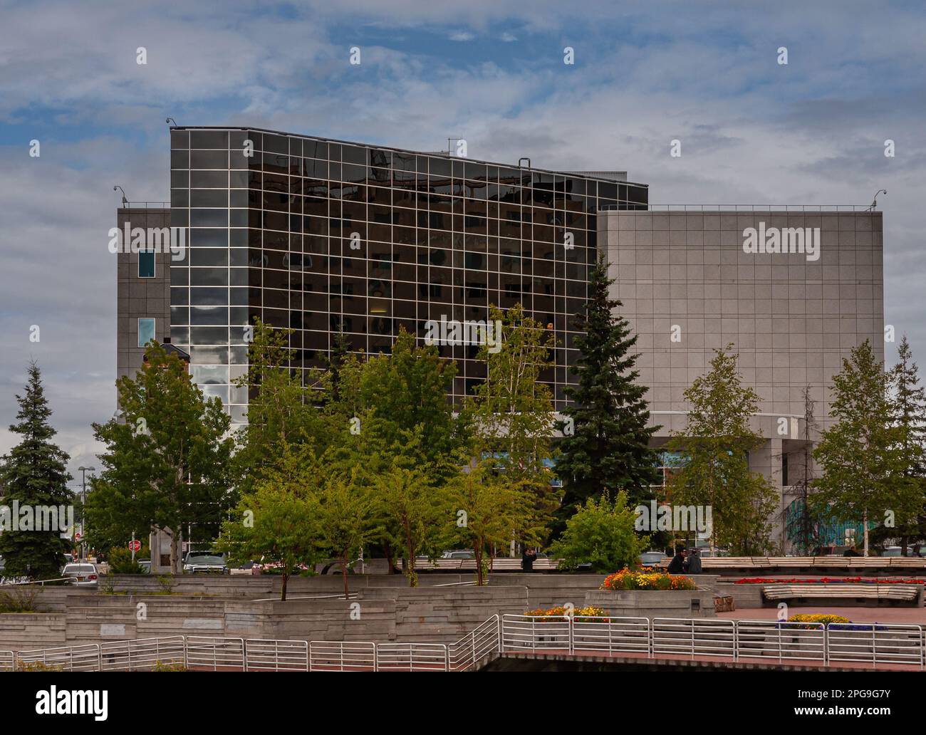Fairbanks, Alaska, USA - July 27, 2011: Gray stone and dark glass ...