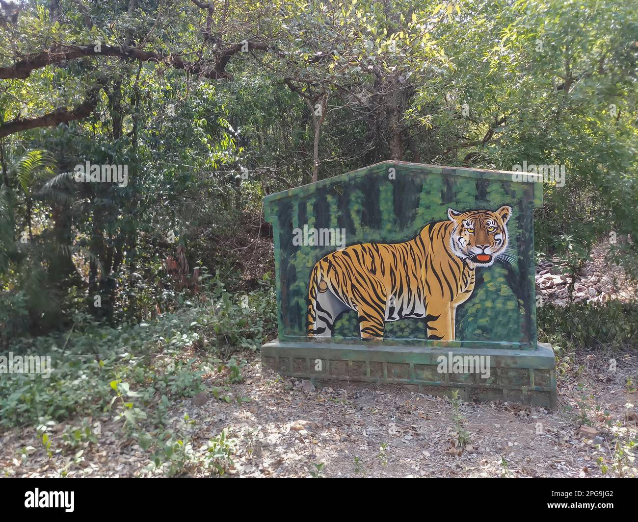 A tiger, Panthera tigris, on the sign board at Karnataka tiger reserve ...