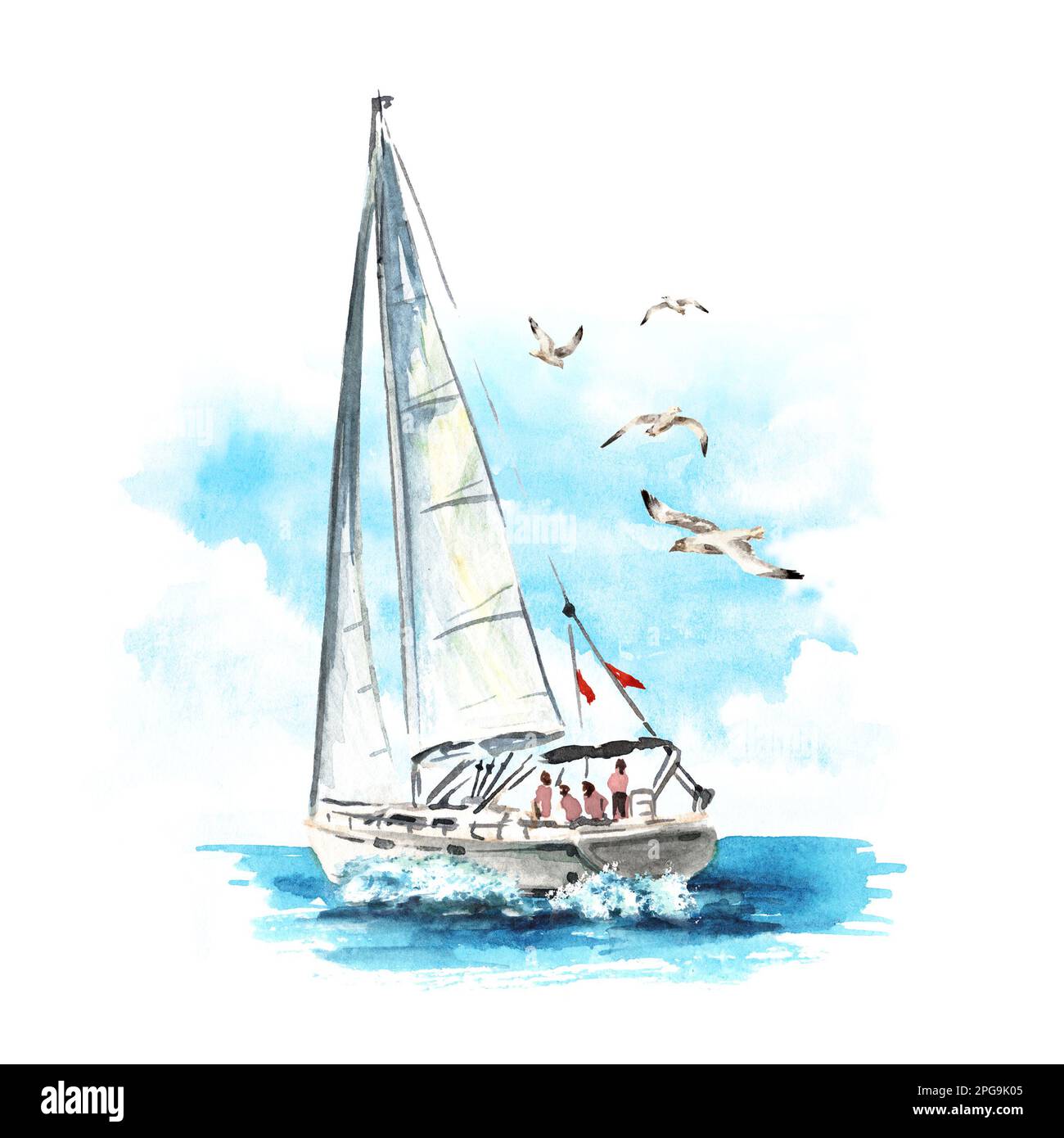 Sailboat, sailing yacht on the waves and seagulls. Hand drawn ...