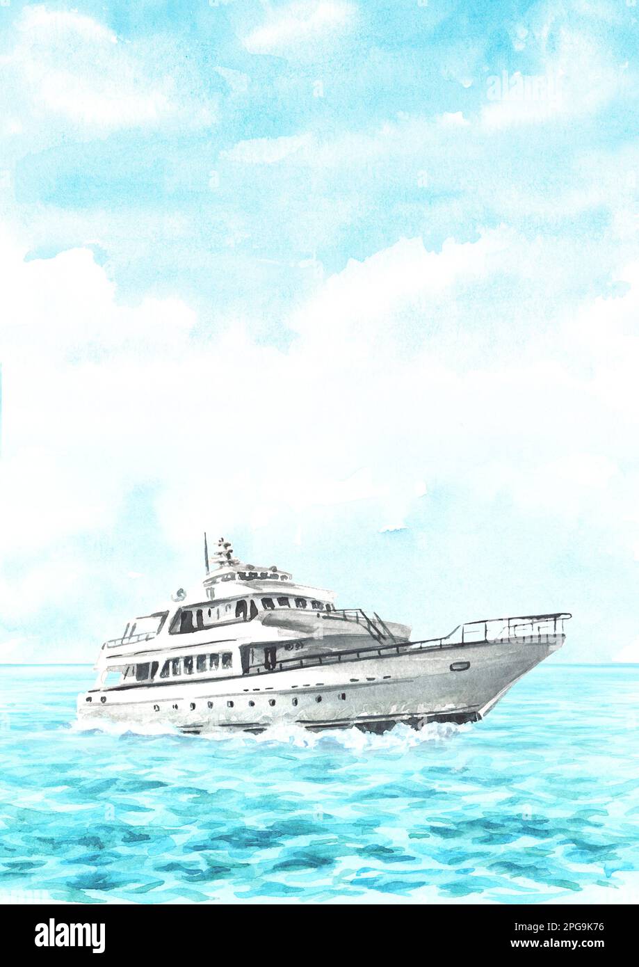 Sea boat, yacht on the waves and blue sky, Hand drawn watercolor ...