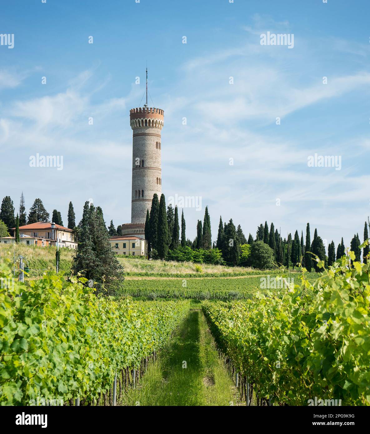 Italian landscape with historical tower Stock Photo - Alamy