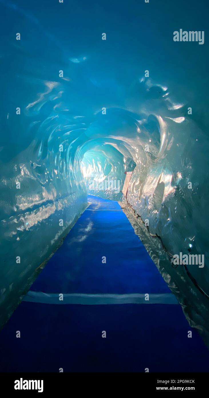 Ice cave in the glacier Mer de Glace ("Sea of Ice"). Mont Blanc massif ...