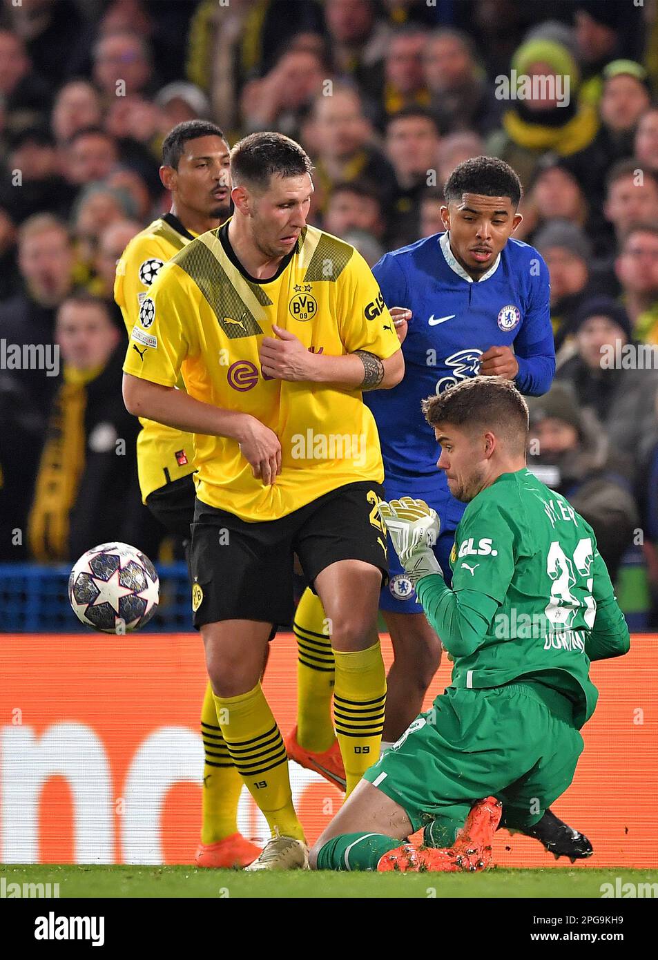 Alexander Meyer of Borussia Dortmund saves - Chelsea v Borussia ...