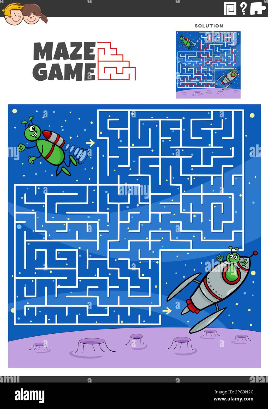 Cartoon illustration of educational maze puzzle game for children with ...