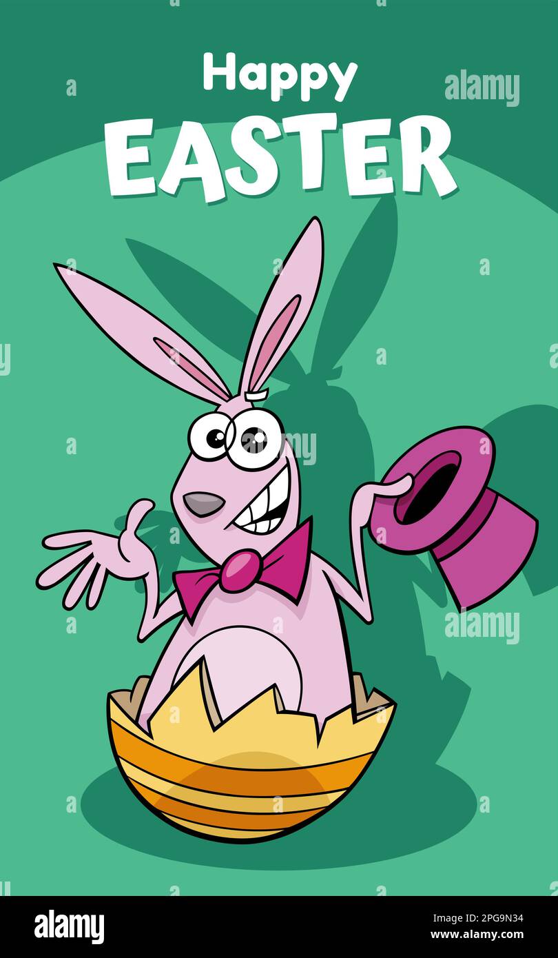 Cartoon illustration of Easter Bunny hatching from Easter egg greeting ...