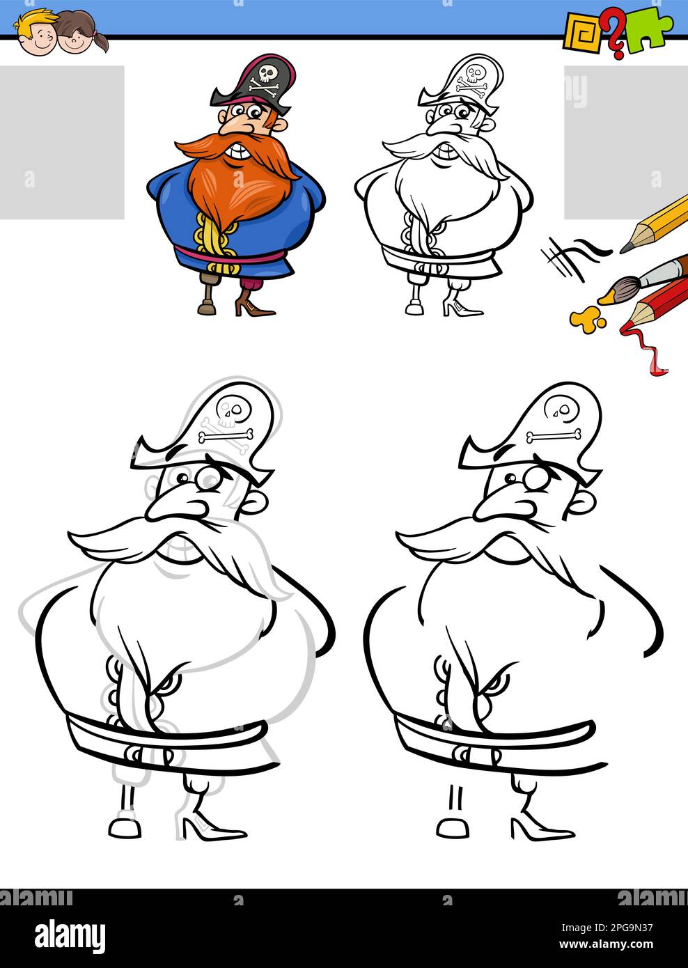 Cartoon illustration of drawing and coloring educational activity for ...