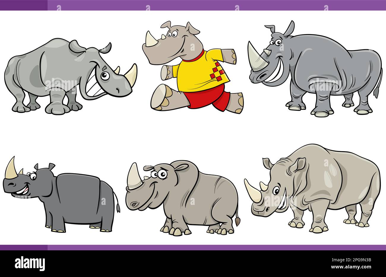 Cartoon illustration of happy rhinos comic animal characters set Stock ...