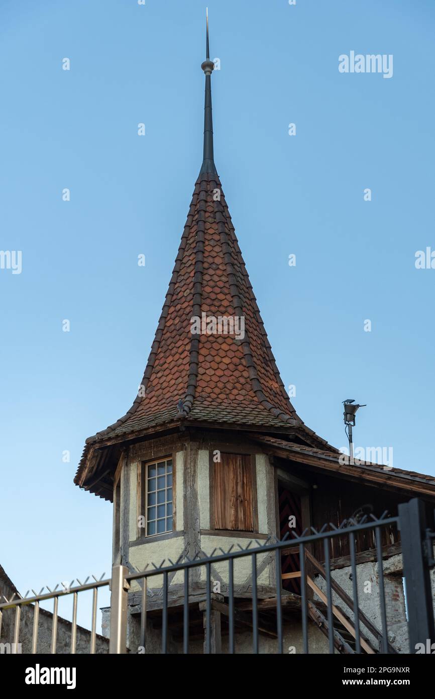Thun, Switzerland, February 13, 2023 Historic little tower as a part of ...