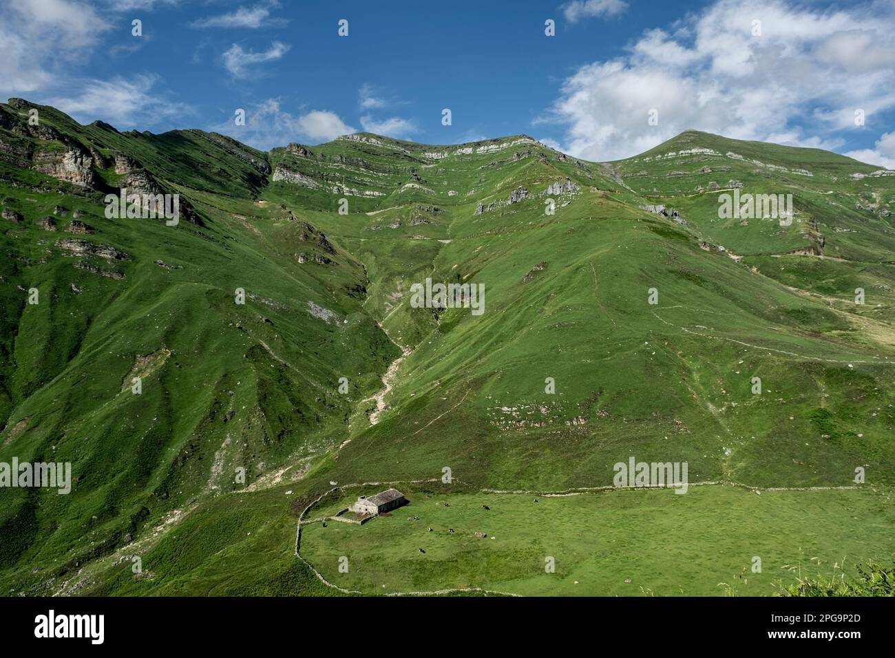 Rough mountain landscape with steep limestone slopes and green meadows ...