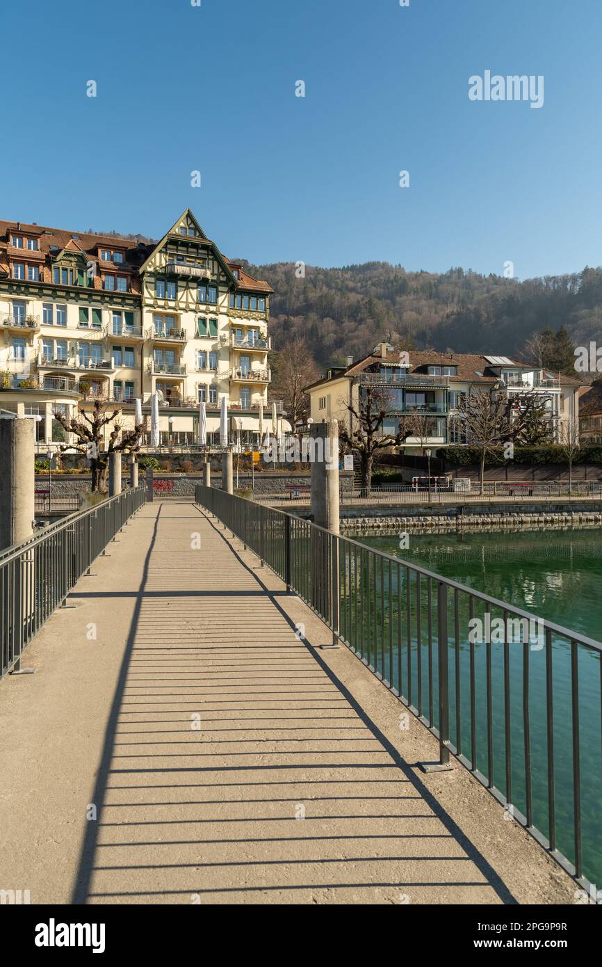 Thun, Switzerland, February 13, 2023 Pedestrian bridge over the Aare ...