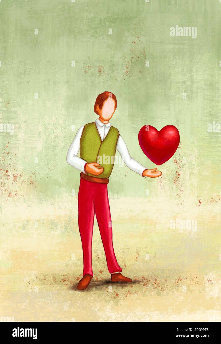 Man handing out a big red heart. Original hand drawn illustration Stock ...
