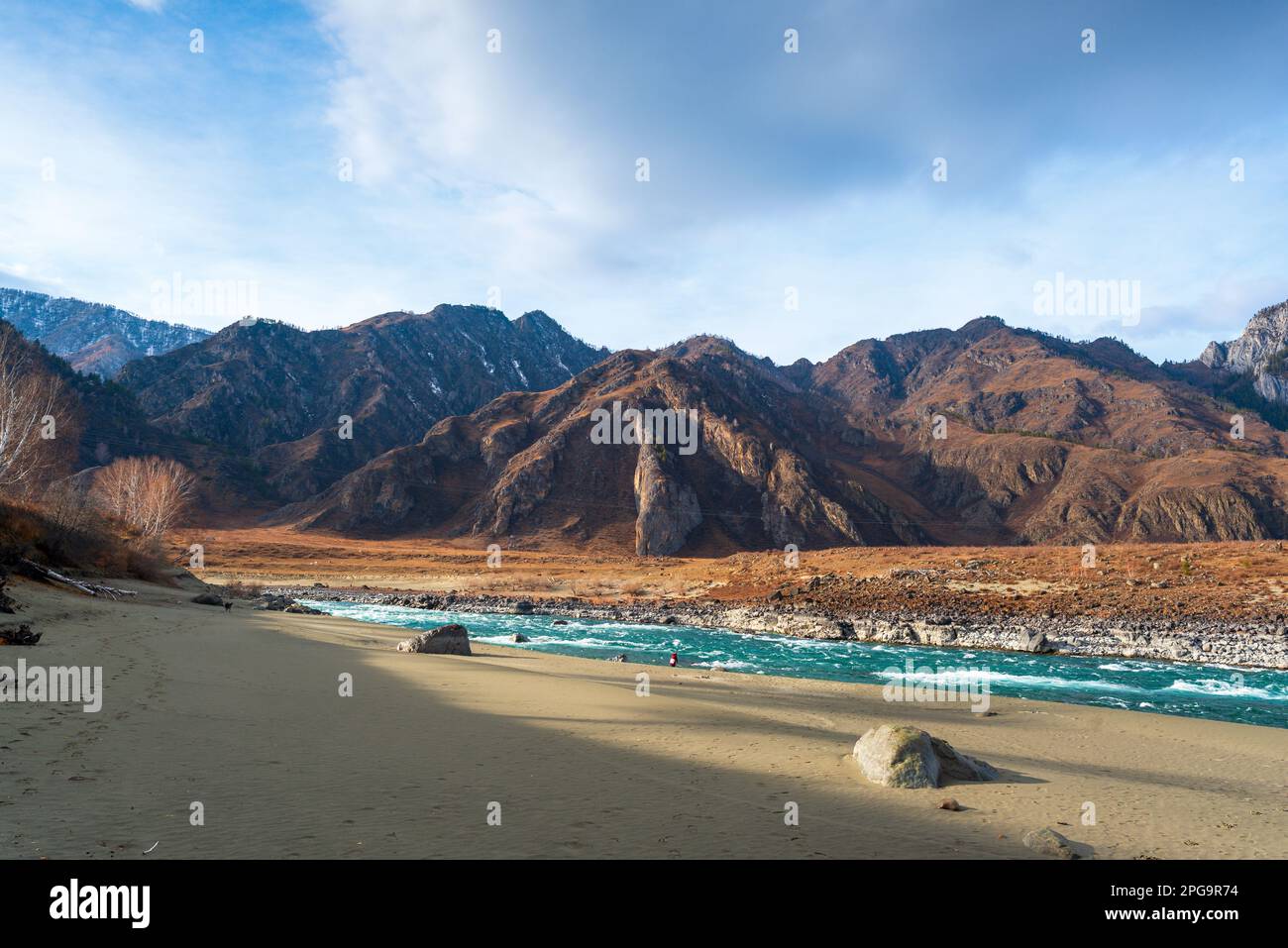Landscape of a sandy beach in the shade near the fast river Katun with ...