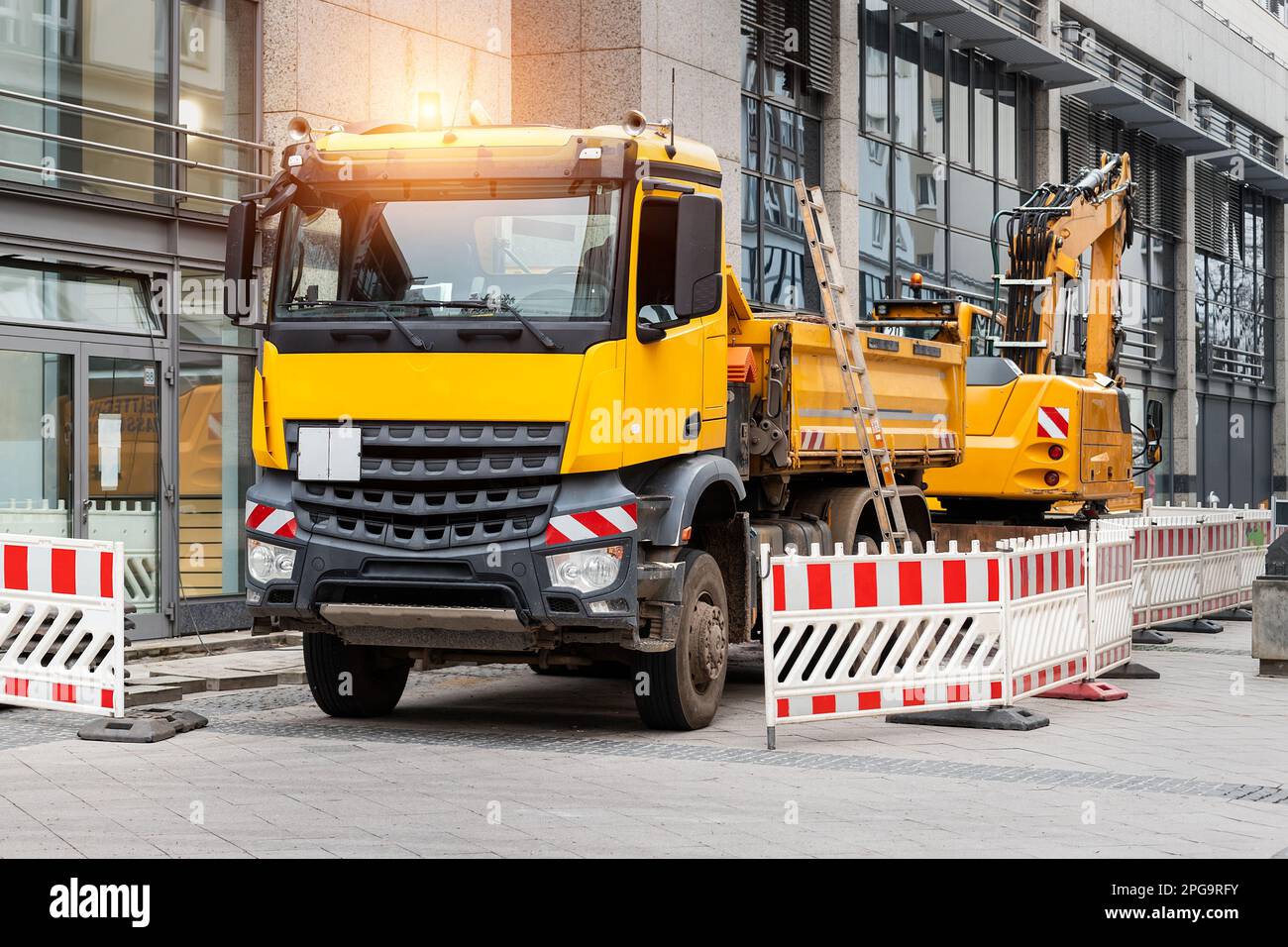 Sity street renovation rebuilding construction site with dump truck ...