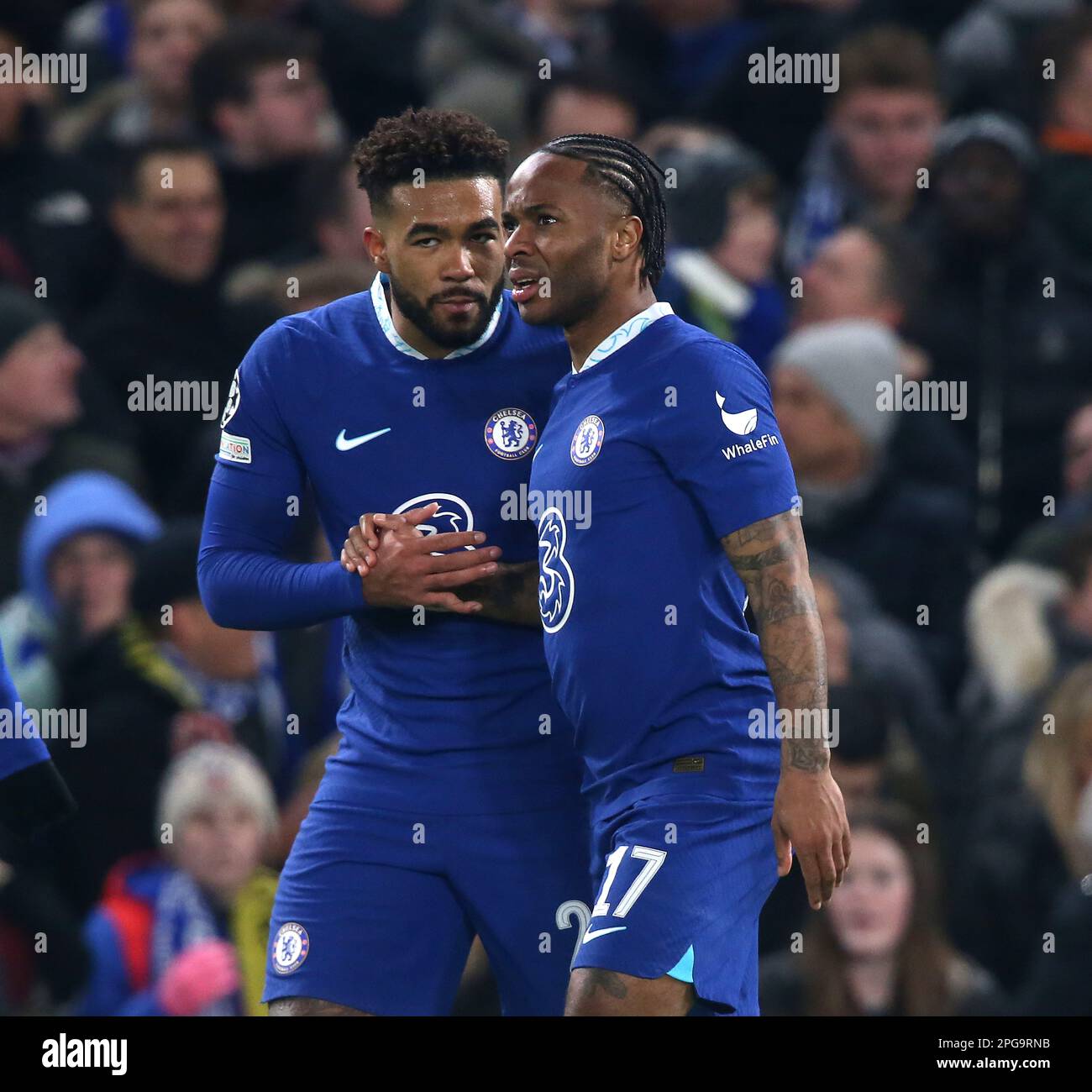 Raheem Sterling of Chelsea celebrates scoring a goal with Reece James ...