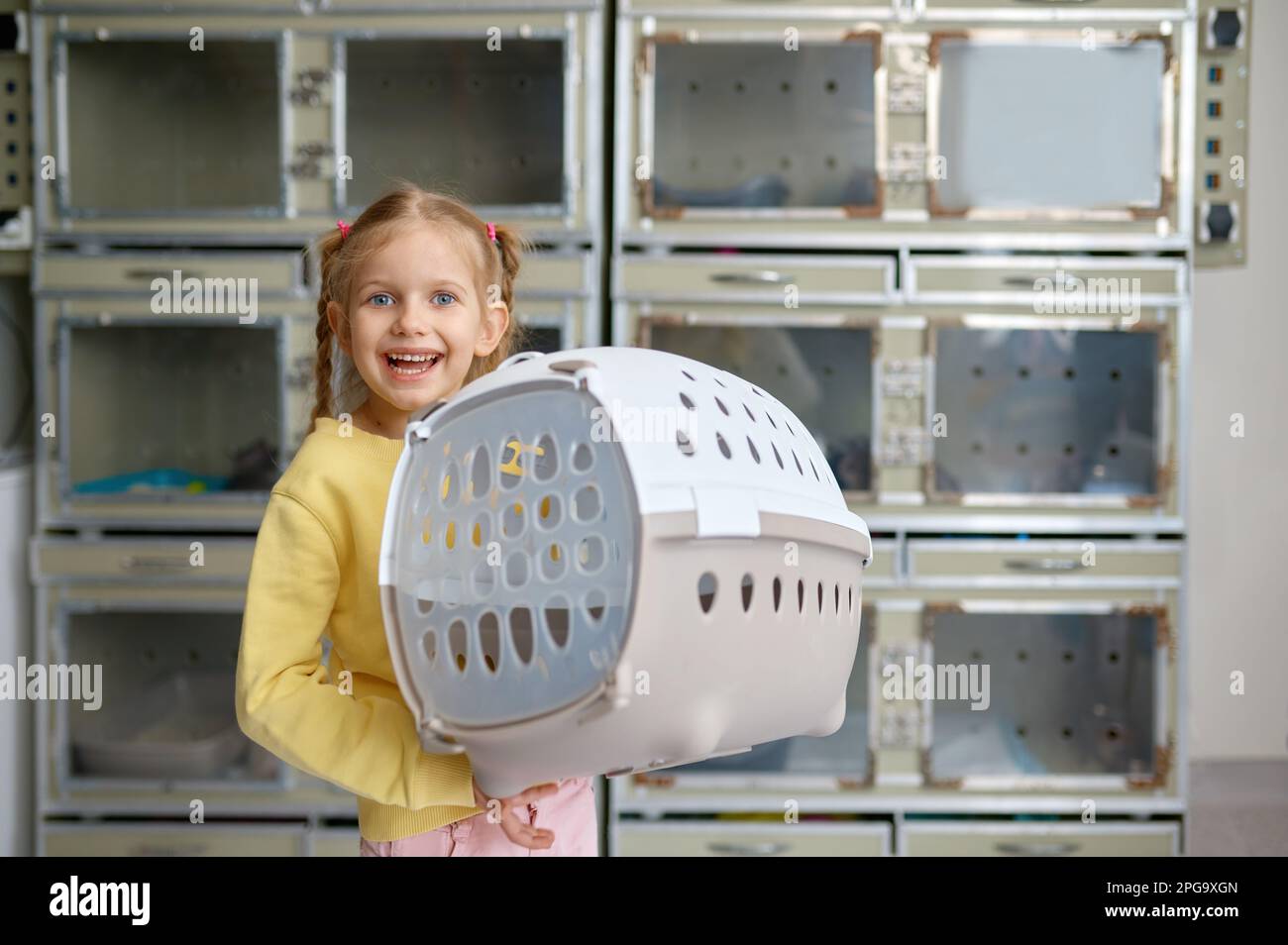 Portrait of little girl holding cage with new pet bought at veterinary ...