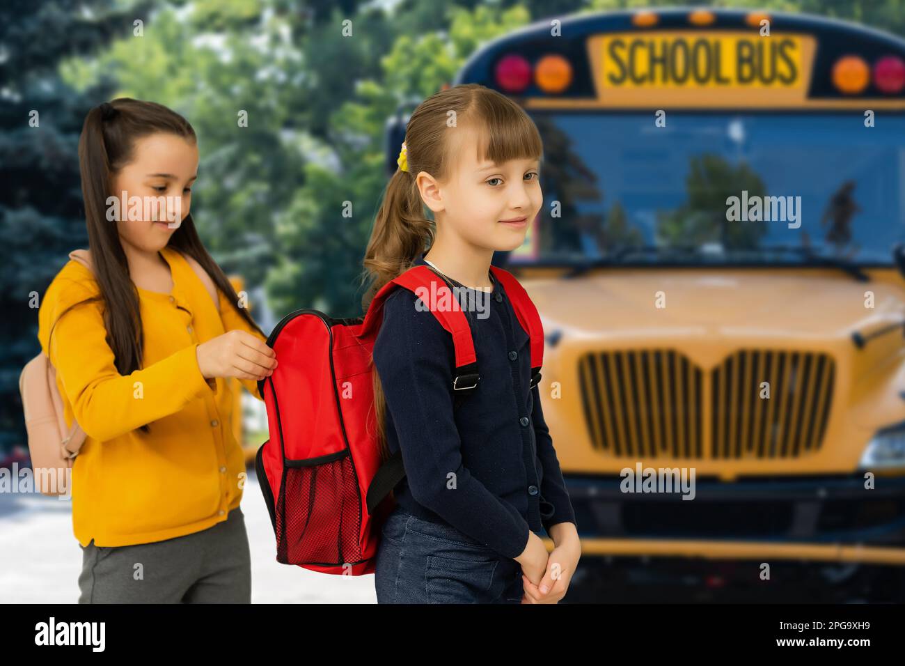 Little kids schoolchildren pupils students, the school bus. Welcome ...