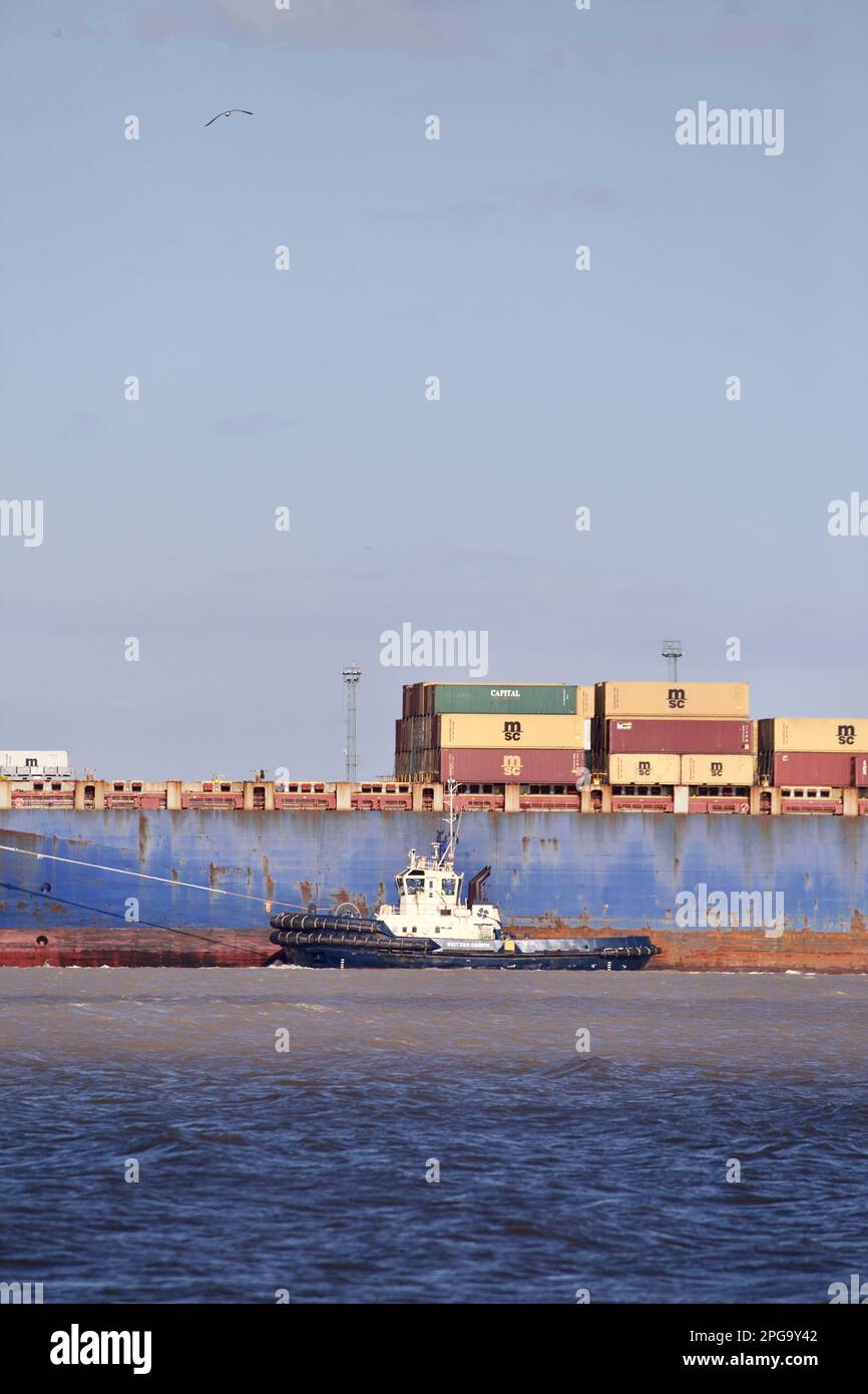 Tugboat Svitzer Deben assisting a container ship to dock in the Port of ...
