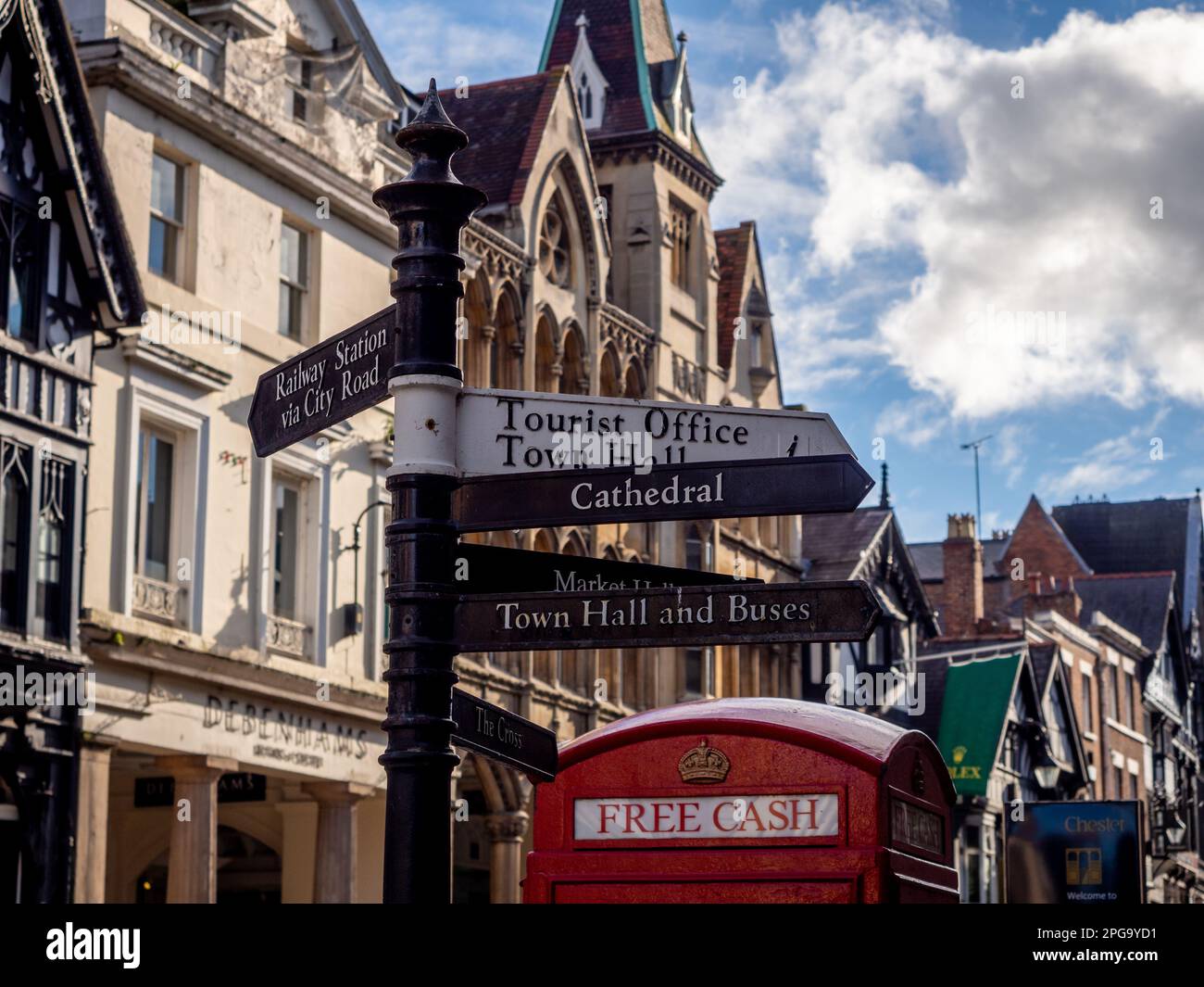 Destinations pointing in the direction with Tudor style building in ...