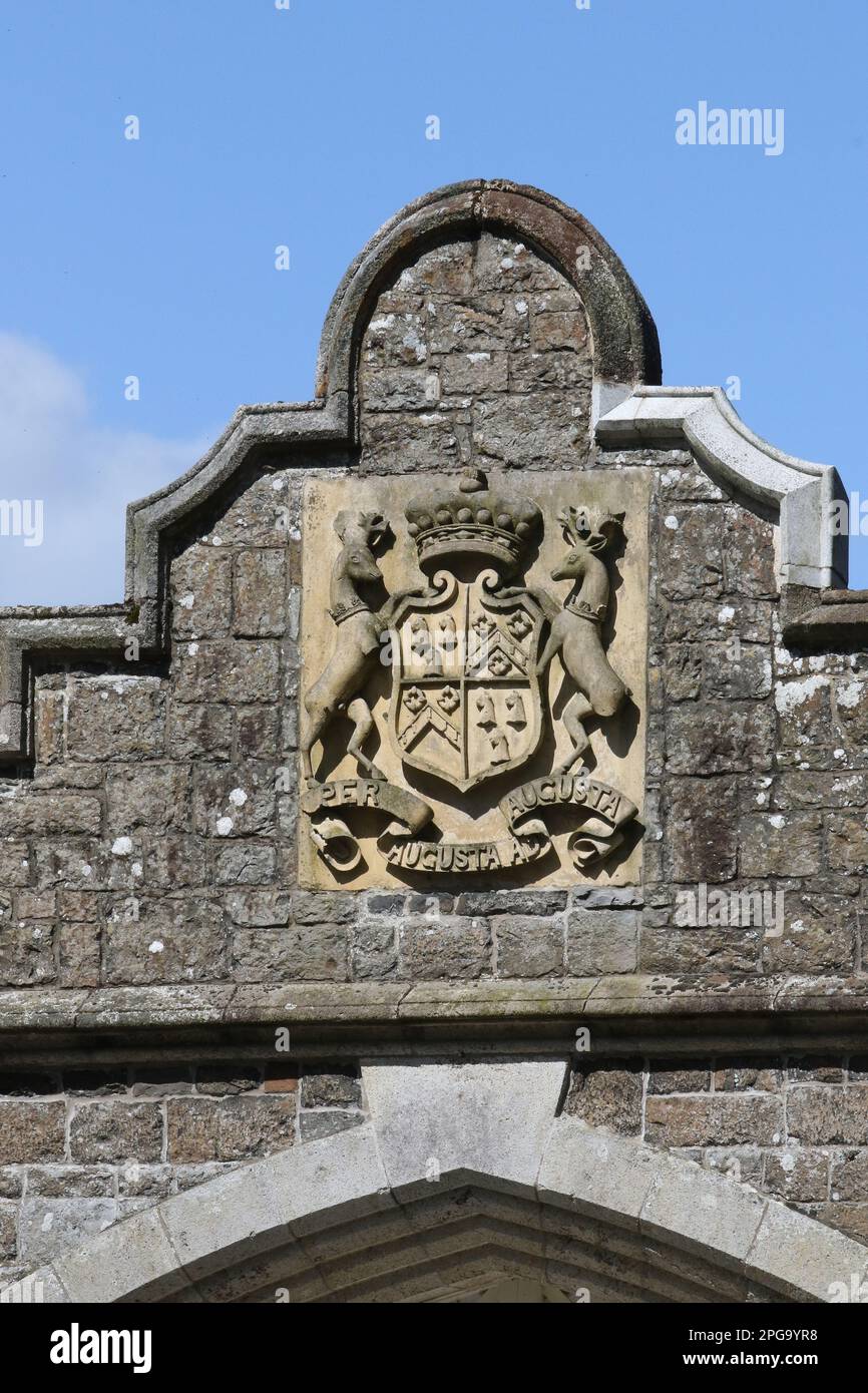 Massereene coat of arms with Latin inscription on exterior facade of ...