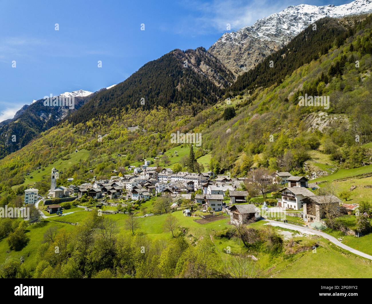Aerial image of the Swiss mountain village Soglio. It was creadited as ...