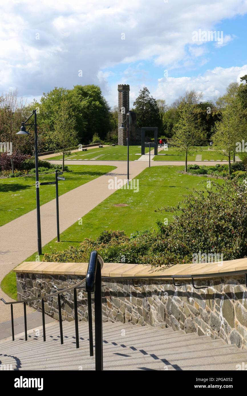 Steps down into the Antrim Castle Gardens with view across the site of ...