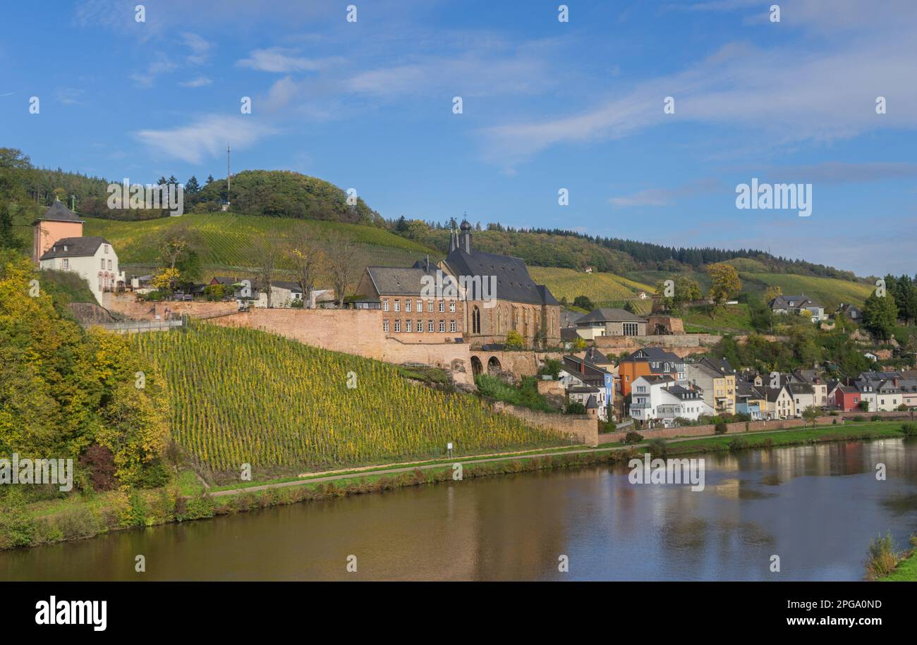 City view of the german city Saarburg with river called Saar Stock ...
