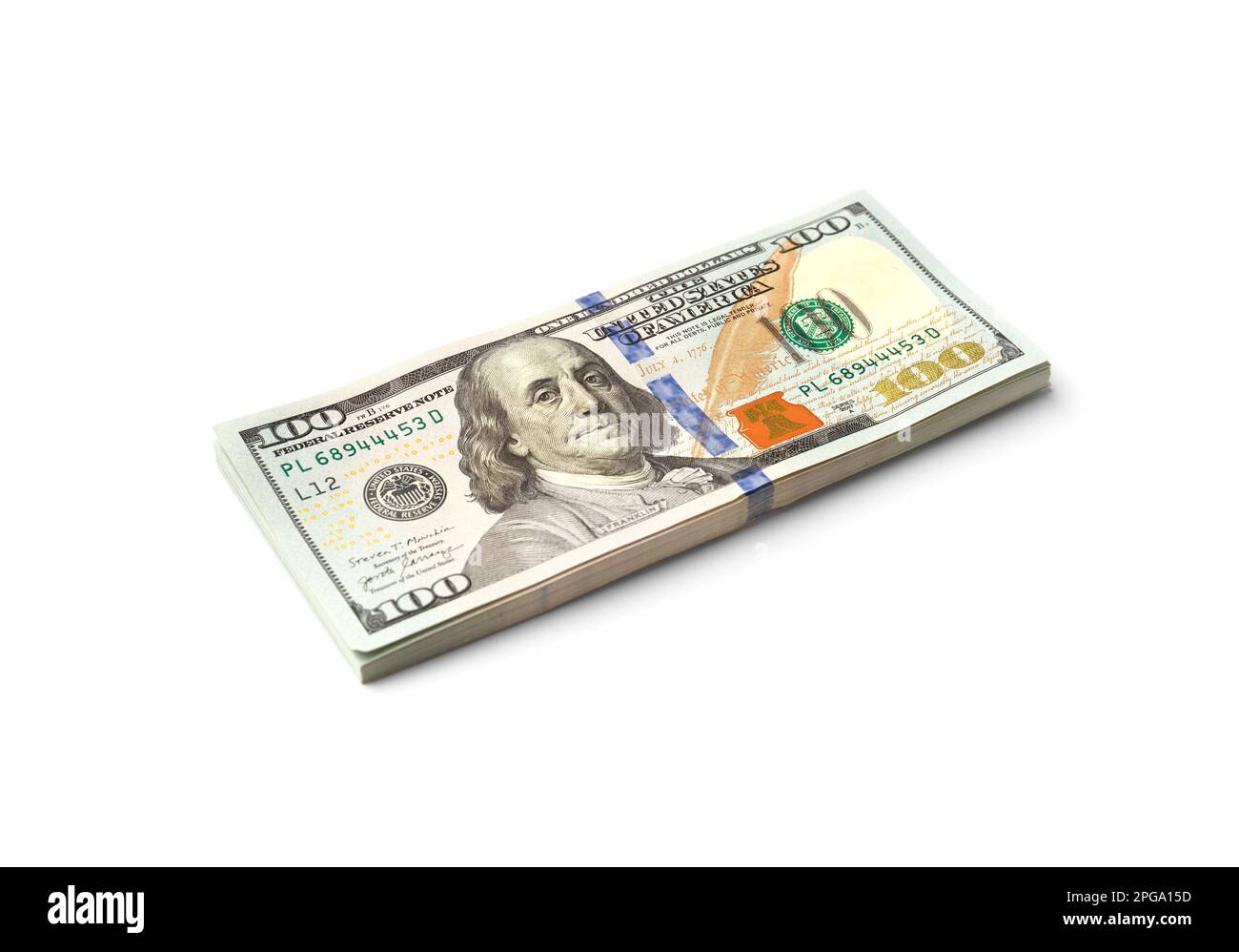 Stack of 100 dollar bills isolated on white background, one hundred ...