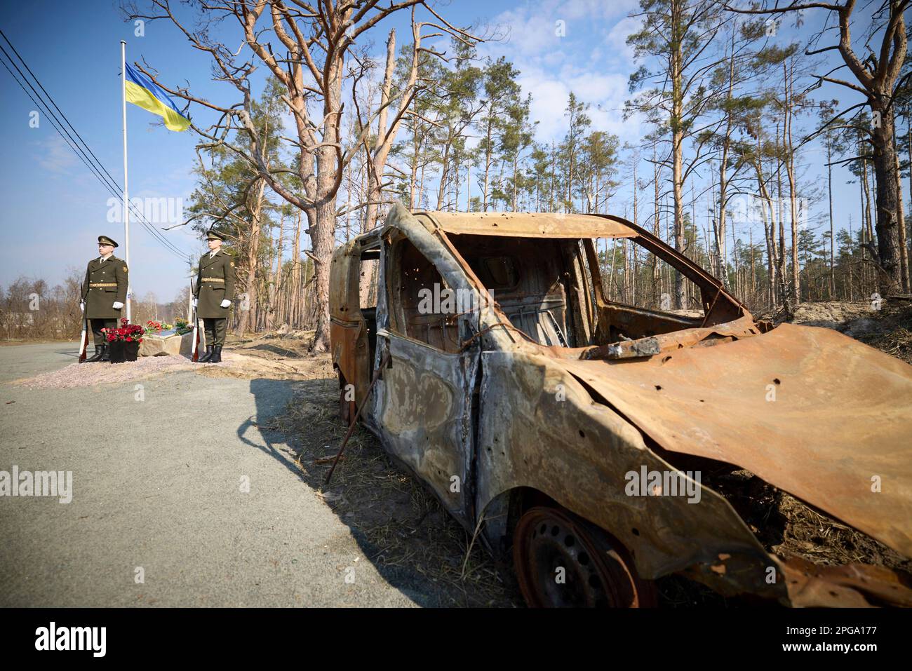 Moschun, Ukraine. 21st Mar, 2023. A destroyed vehicle rusts where ...