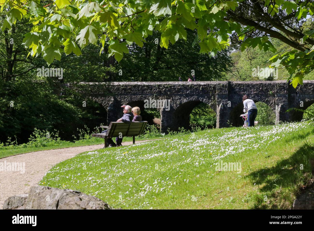 People relaxing on park bench beside the Deerpark Bridge, an arched ...