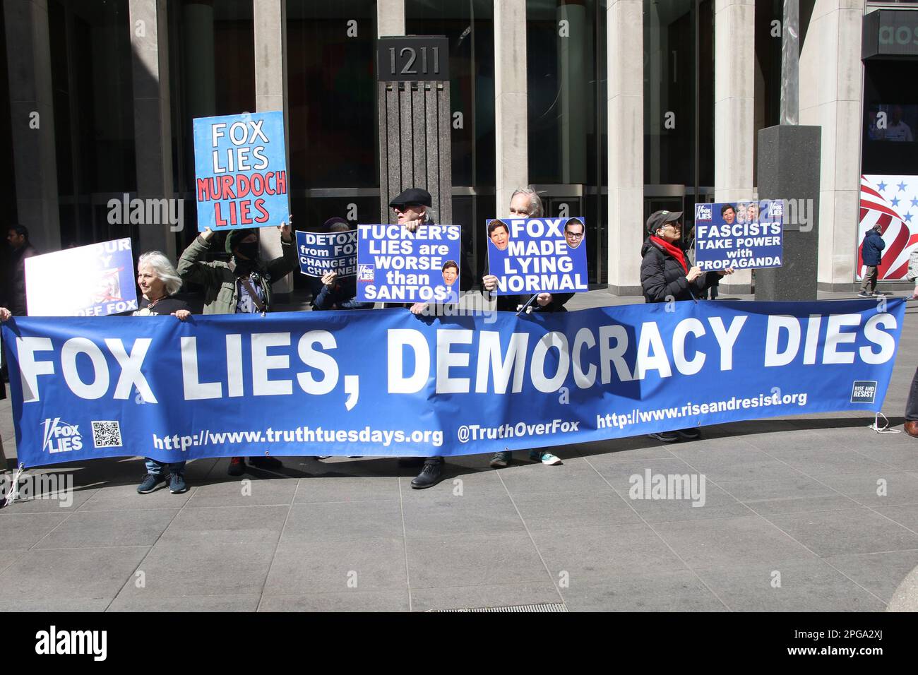 New York, NY, USA. 21st Mar, 2023. Anti-Fox News protestors seen ...