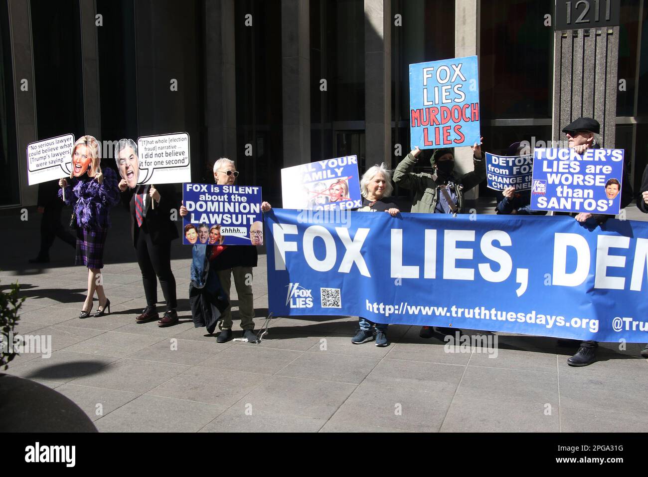 New York, NY, USA. 21st Mar, 2023. Anti-Fox News protestors seen ...
