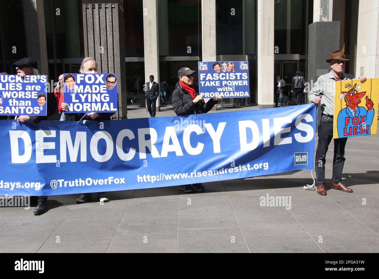 New York, NY, USA. 21st Mar, 2023. Anti-Fox News protestors seen ...
