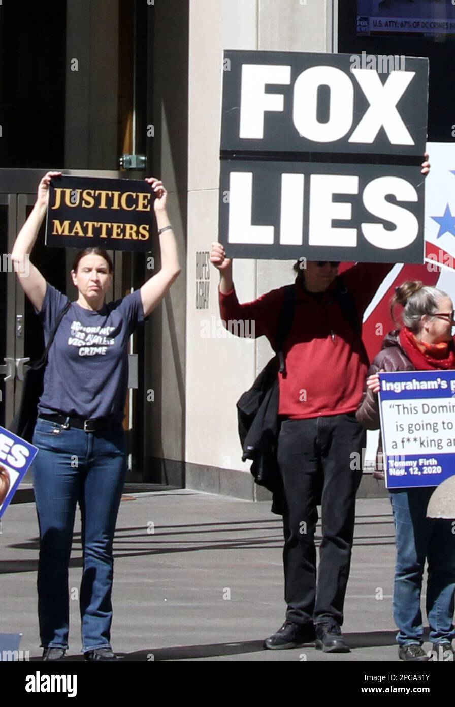 New York, NY, USA. 21st Mar, 2023. Anti-Fox News protestors seen ...