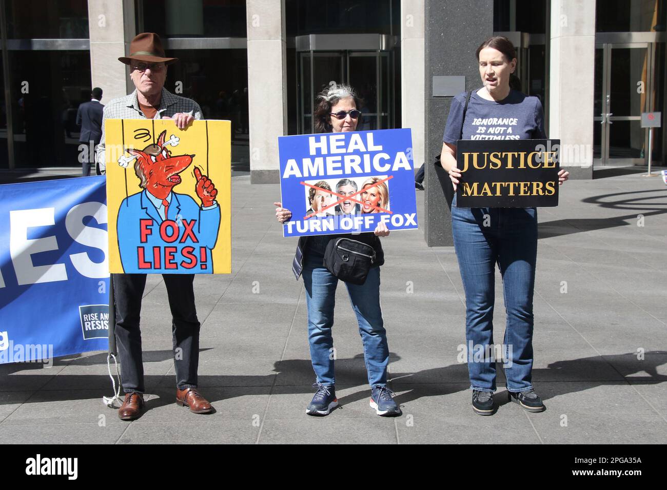 New York, NY, USA. 21st Mar, 2023. Anti-Fox News protestors seen ...