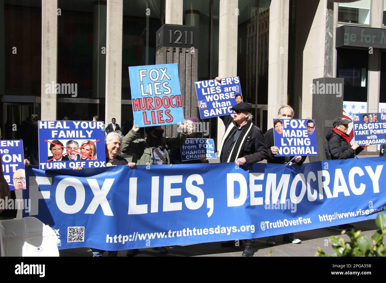New York, NY, USA. 21st Mar, 2023. Anti-Fox News protestors seen ...