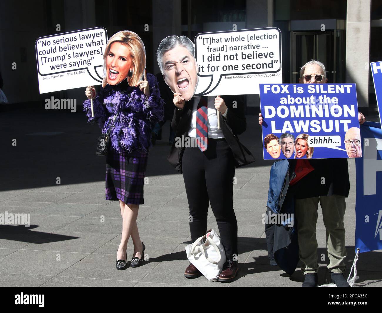 New York, NY, USA. 21st Mar, 2023. Anti-Fox News protestors seen ...