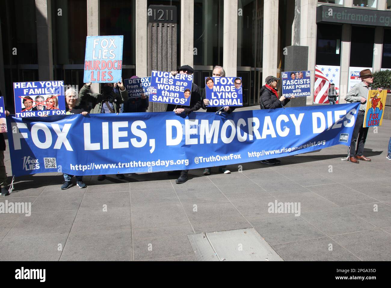 New York, NY, USA. 21st Mar, 2023. Anti-Fox News protestors seen ...