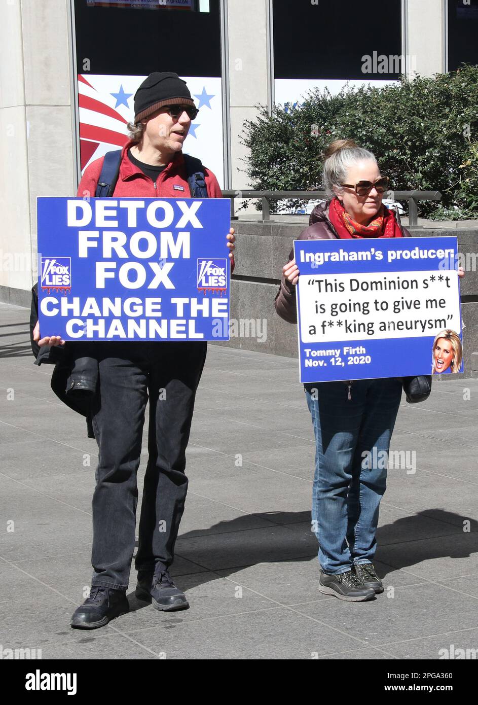 New York, NY, USA. 21st Mar, 2023. Anti-Fox News protestors seen ...