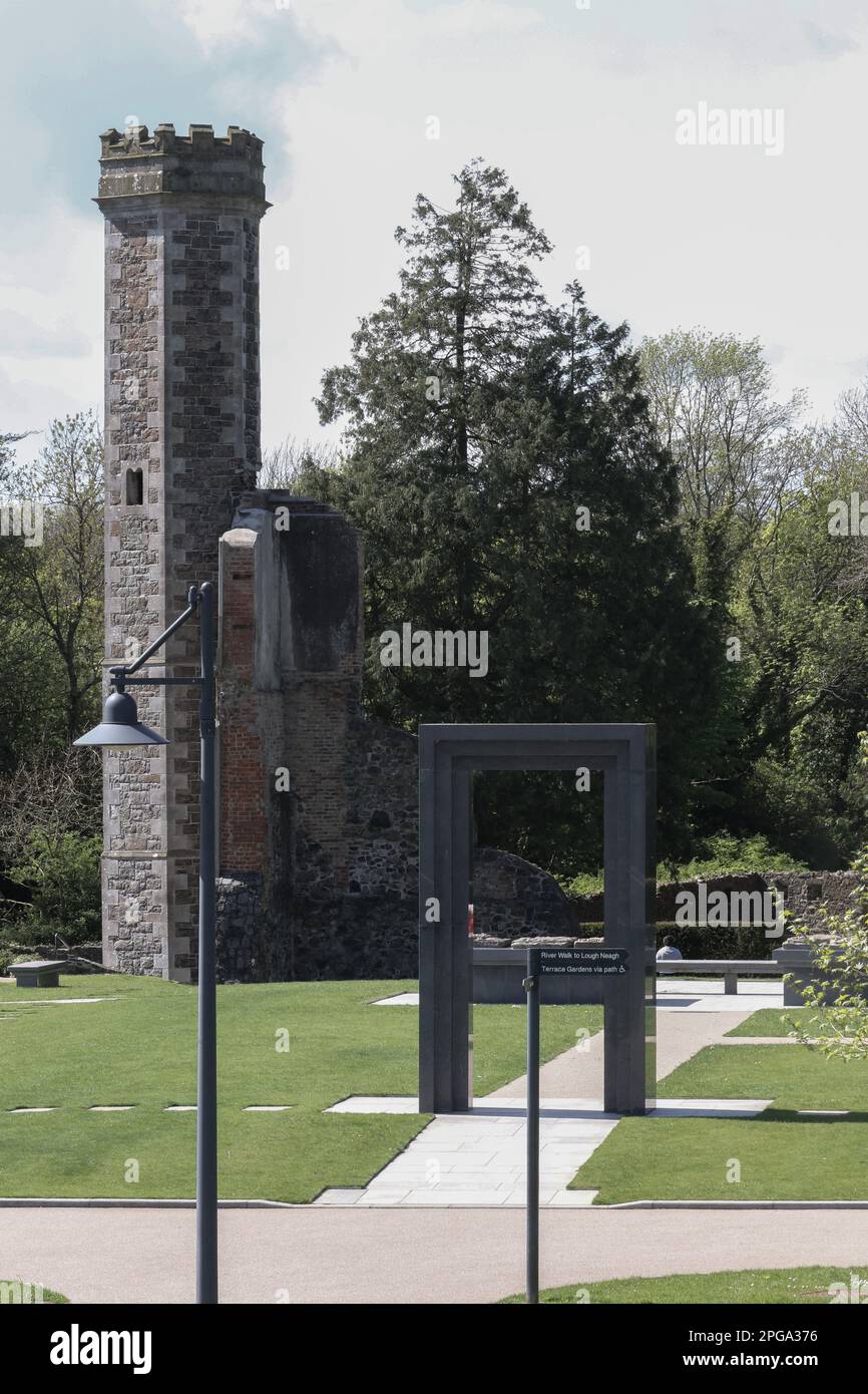 The remains of former Antrim Castle. The Italianate Tower - a former stone tower on a corner of ...