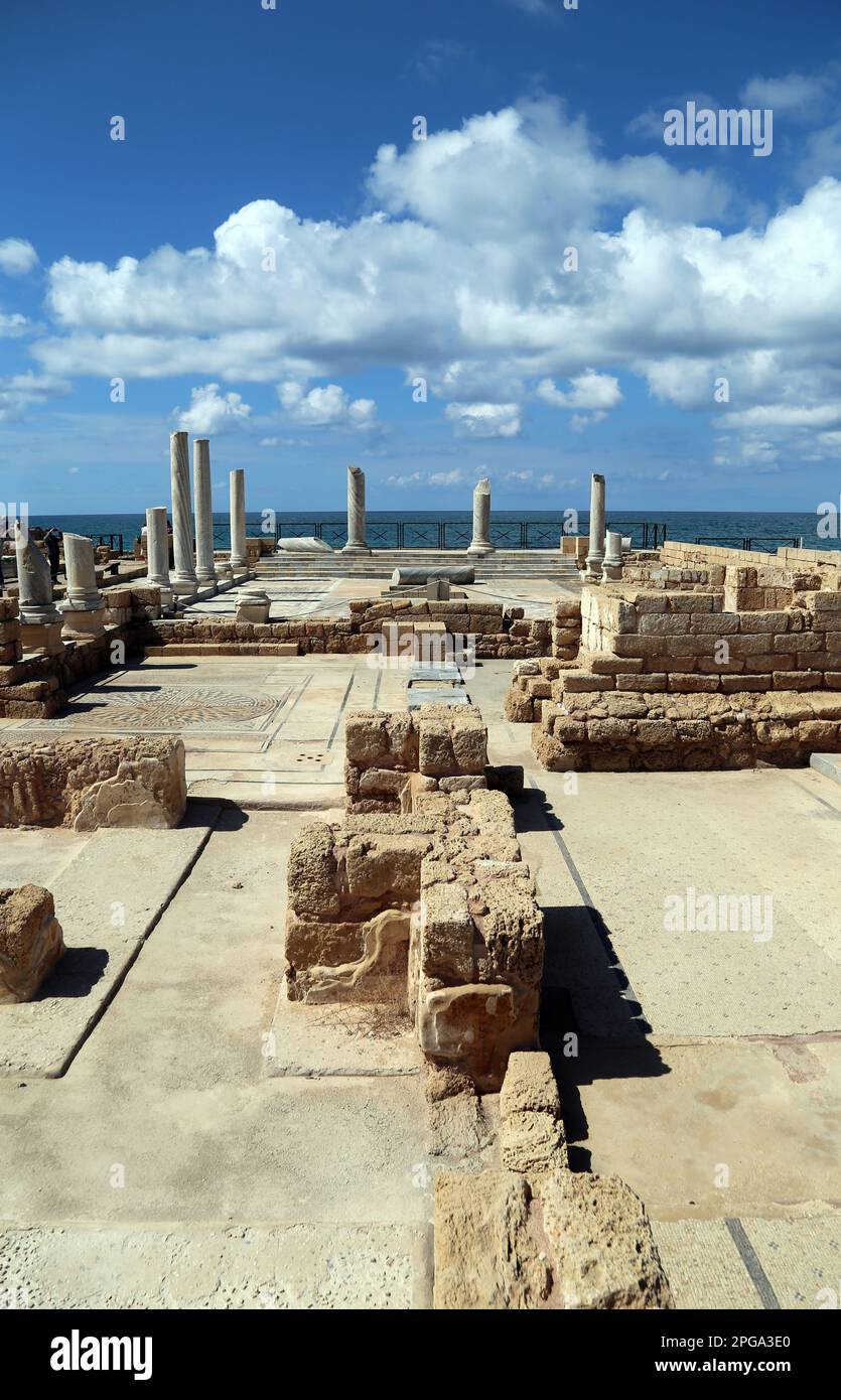 Ruins of the Roman city of Caesarea showing foundations of buildings ...