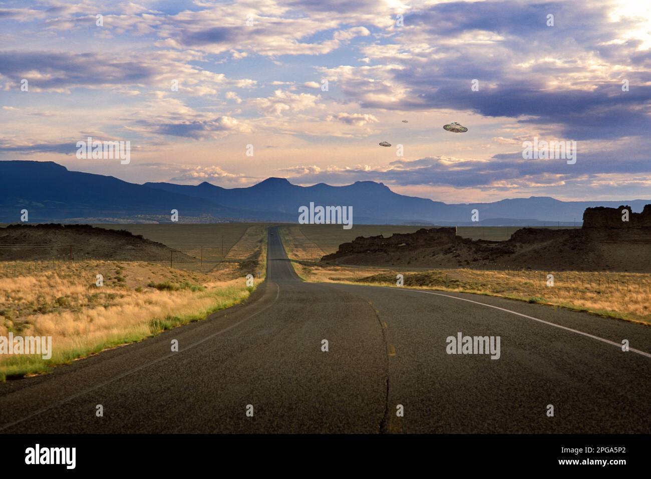 Three UFOs-UAPs in the sky above road Stock Photo - Alamy
