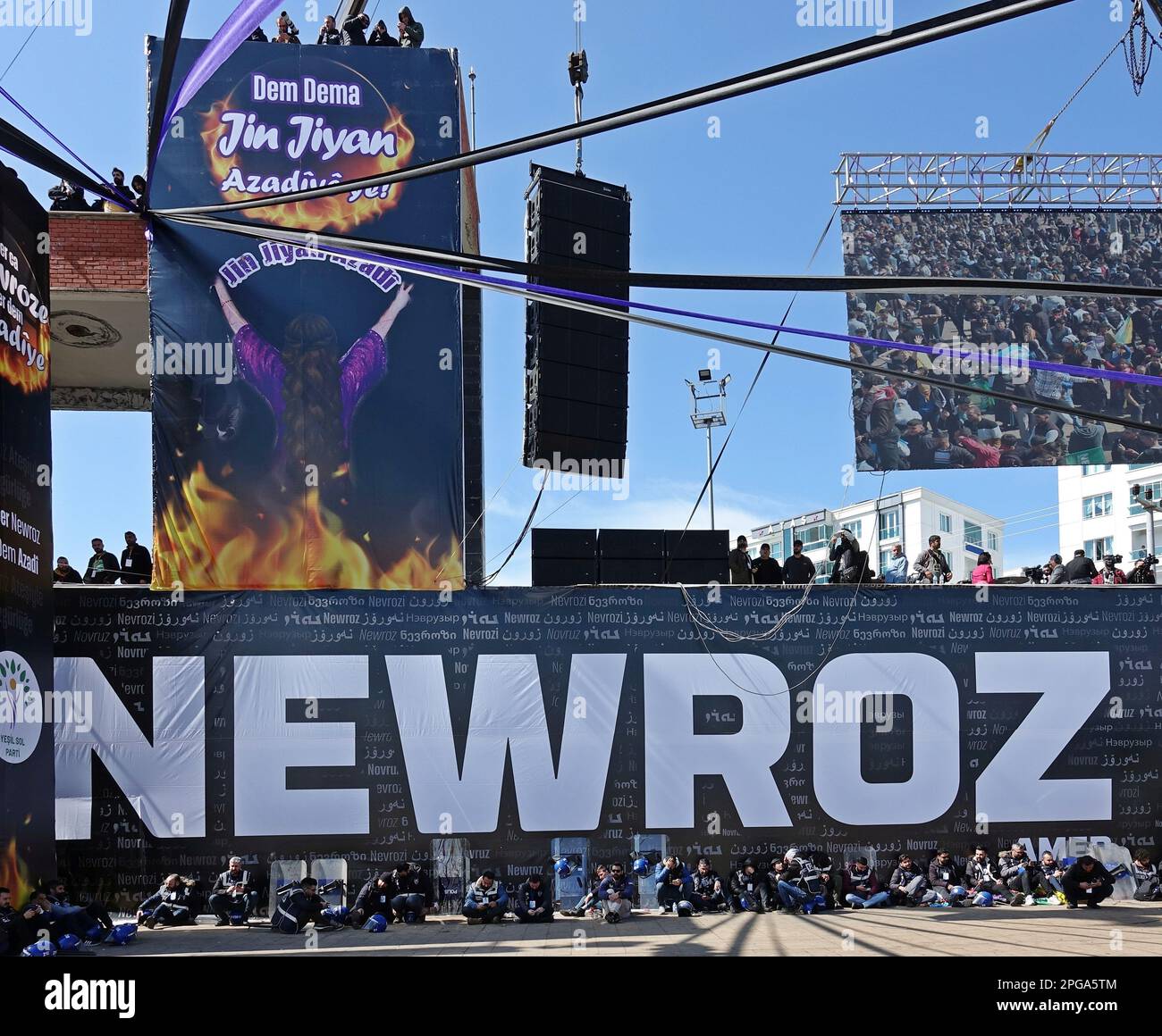 A Newroz banner is seen during a Newroz celebration in Diyarbakir ...