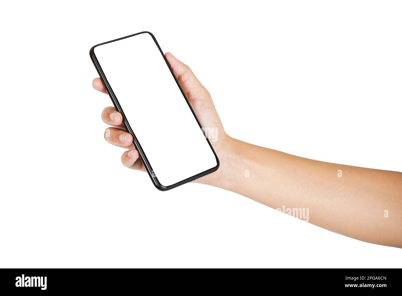 Empty screen phone in hand isolated on white background with clipping ...